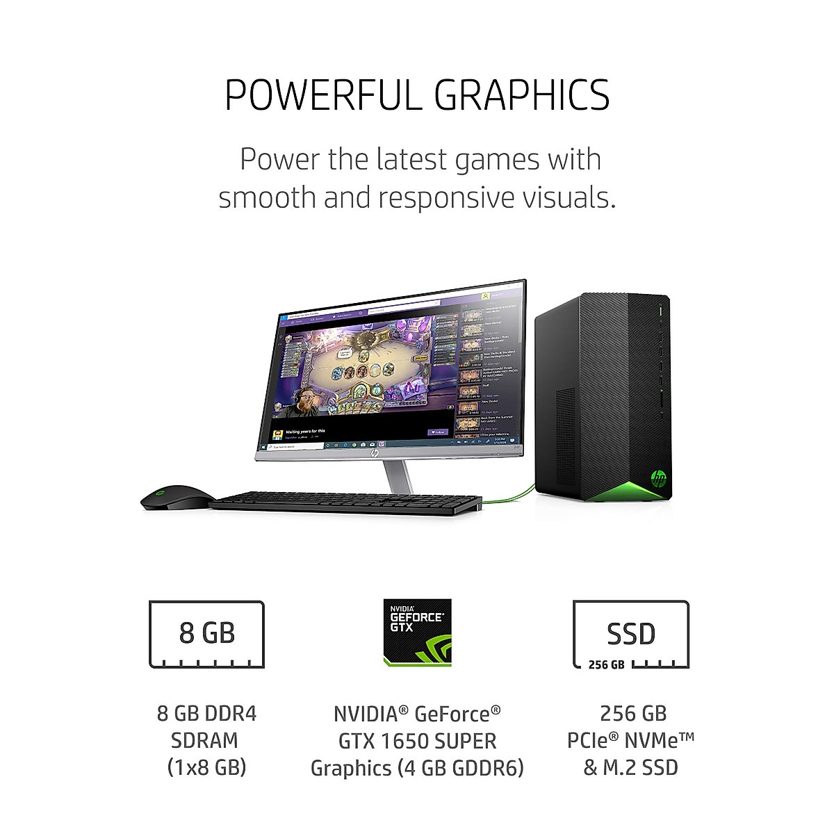 HP Pavilion Gaming Desktop, NVIDIA GeForce GTX 1650 SUPER, Intel Core i3-10100, 8 GB DDR4 RAM, 256 GB PCIe NVMe SSD, Windows 11, USB Mouse and Keyboard, Compact Tower Design (TG01-1022, 2020)