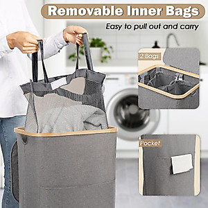 Guzon 100L Laundry Hamper with Lid, Clothes Hampers for Laundry with Bamboo Handles，Large Laundry Basket with Removable Inner Bags for Bedroom, Bathroom and Laundry Room, Dirty Clothes Basket, Grey