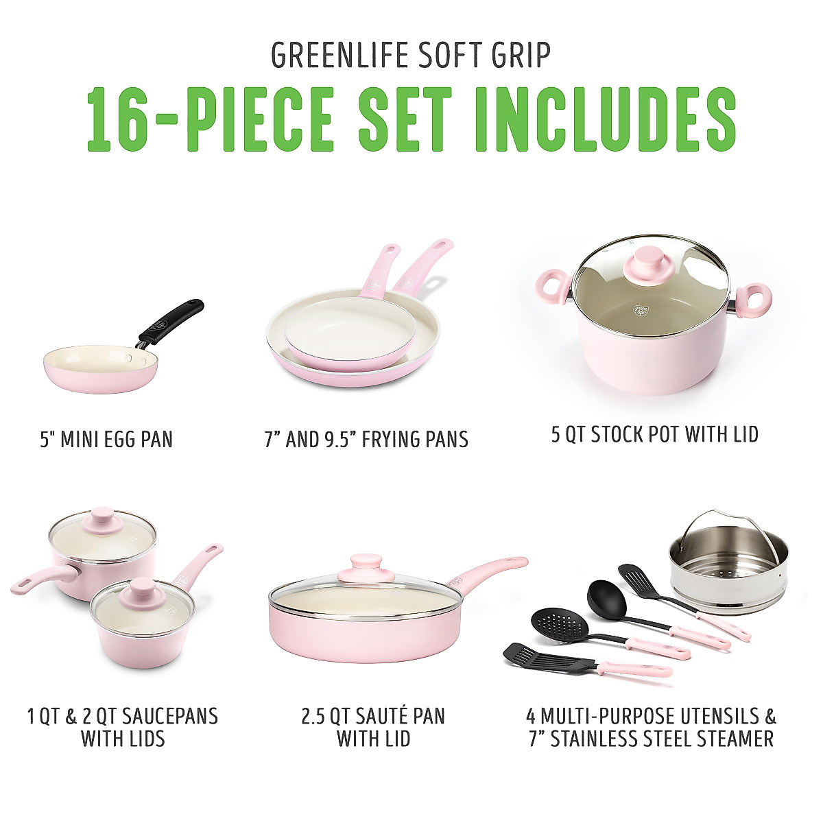 GreenLife Soft Grip Healthy Ceramic Nonstick, 16 Piece Cookware Pots and Pans Set, PFAS-Free, Dishwasher Safe, Soft Pink