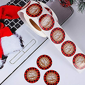 Ruisita 600 Pieces Merry Christmas Stickers Buffalo Plaid Self Adhesive Seals Labels Holiday Seals Stickers for Christmas Favor Gift Cards Envelopes Seals