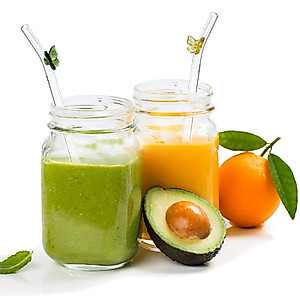 5 Pcs Reusable Glass Straws,Colorful Butterfly on Clear Straws With Design 7.9in X 8mm Shatter Resistant Bent Drinking Straws with 2 Cleaning Brushes for Shakes,Juices,Smoothies, Cocktails