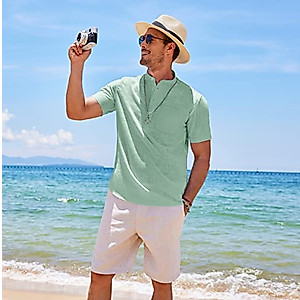 COOFANDY Mens Cotton Linen Henley Hippie Casual Beach T Shirt with Pocket, Green, Large, Short Sleeve
