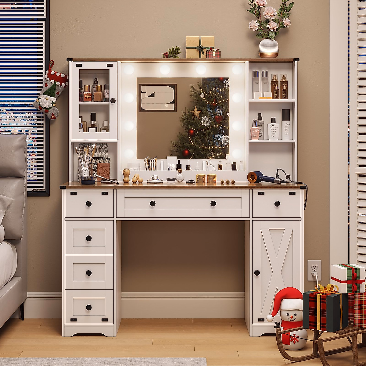 DICTAC Makeup Vanity Desk with Mirror and Lights, Farmhouse Vanity Table with Charging Station, 43'' Bedroom Dressing Table with 6 Drawers & 2 Cabinets, 3 Color Lighting Modes, White