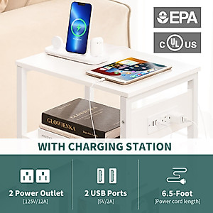 Yoobure Record Player Stand, 3-Tier White Side Table with Charging Station, Small End Table Nightstand with Vinyl Storage, Tall Beside Tables Turntable Stand for Album CD, Night Stand for Living Room