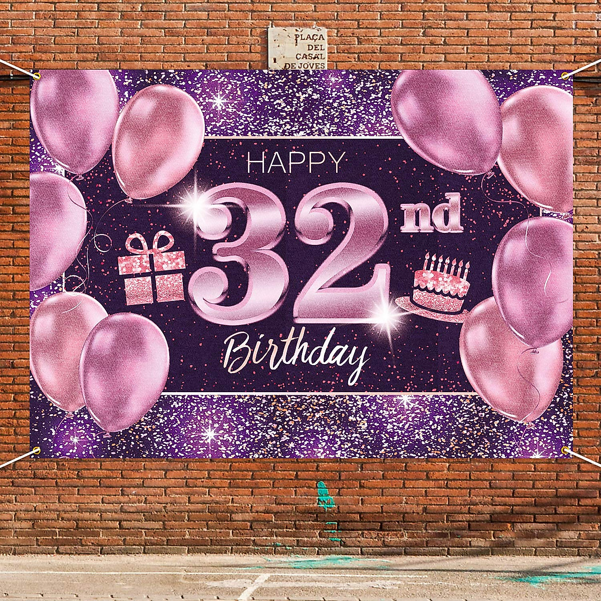 PAKBOOM Happy 32nd Birthday Banner Backdrop - 32 Birthday Party Decorations Supplies for Women - Pink Purple Gold 4 x 6ft