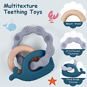 Vicloon Baby Teether Toys, Silicone & Natural Wood Teether Ring, Baby Teething Toys for Babies 3 Months+, Silicone Chewable Rings for Newborn Gift（Blue）