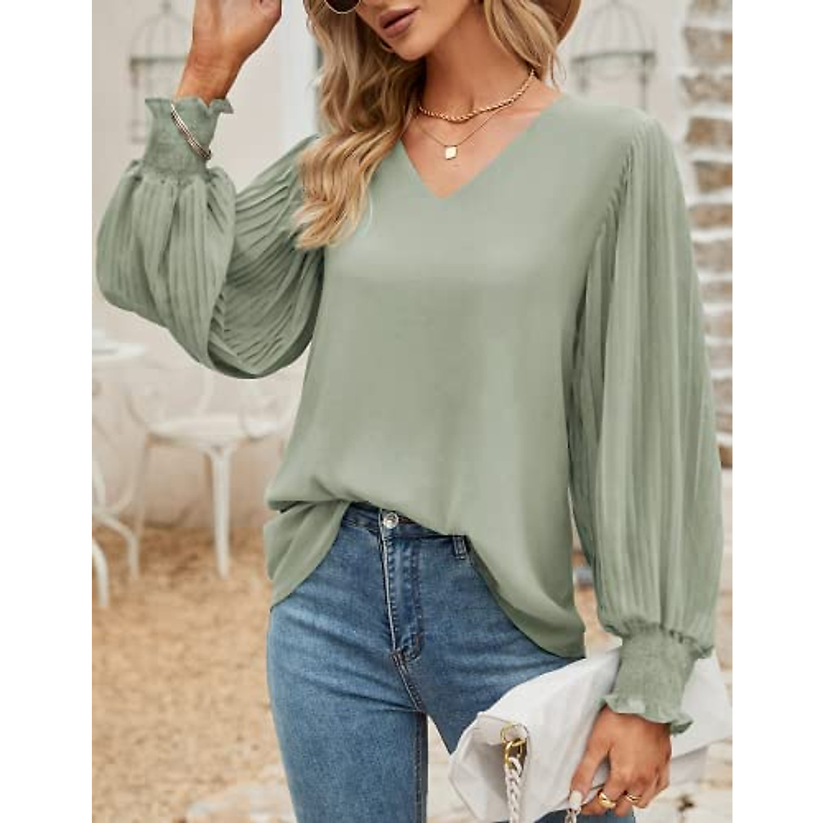 Aifer Women's V-Neck Long Sleeve Blouse - Sage Green, Sexy, Elegant, Classic Pullover Tunic for Work & Casual