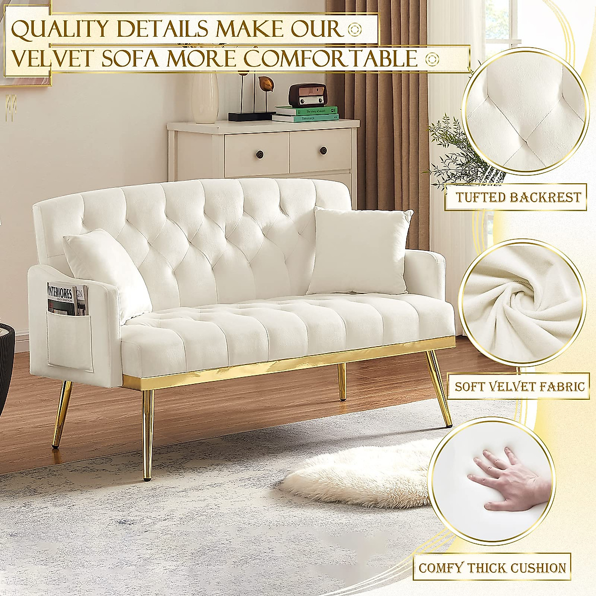 Antetek Upholstered Velvet Loveseat Sofa, Modern Small Sofa Couch with Side Pocket and Golden Metal Legs, Tufted Leisure Sofa for Living Room, Bedroom, Office, Small Space, Light Beige