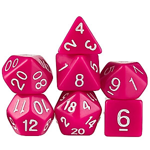 Wiz Dice Dragonberry Set of 7 Polyhedral Dice, Solid Neon Magenta Pink Tabletop RPG Dice with Clear Display Box
