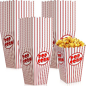 80 Pack Movie Night Popcorn Containers Popcorn Paper Boxes Bucket 6.3 Inch Tall Vintage Retro Style Red and White Striped Popcorn Boxes for Carnival Circus Party