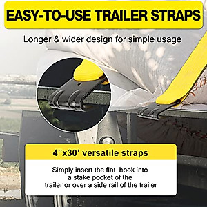 Autofonder Winch Straps 4" x 30' Yellow Heavy Duty Tie Down Flat Hooks WLL 5400 lbs | 4 Inch Cargo Control for Flatbed Truck Utility Trailer (10 Pack)