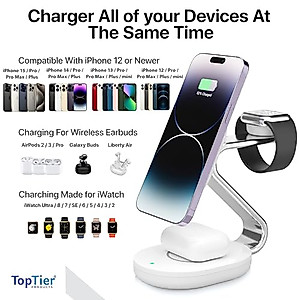 TopTier 3 in 1 Magsafe Wireless Charging Station, 20W Total,15W iPhone Max Charging, [MFI-Certified] Metal Design, iPhone Apple Watch Airpods, (White)