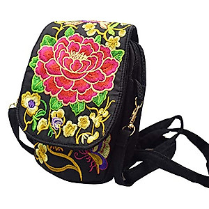 Women's Small Cute Boho Canvas Crossbody Camera Bag Cell Phone Purse with Floral Embroidery