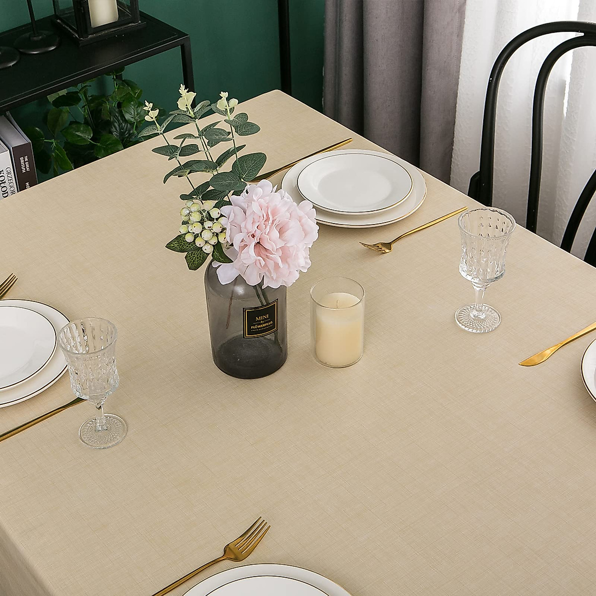 LIBERECOO Vinyl Tablecloth with Flannel Backing Waterproof Oil-Proof Plastic Table Cloth Wipeable PVC Table Cover for Indoor and Outdoor (Champagne Color, 60 x 84 Inch (6-8 Seats))