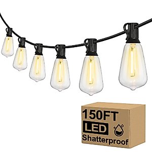 Brightever Outdoor String Lights 150FT, Patio Lights with 75+2 Dimmable ST38 Shatterproof LED Bulbs, Vintage Edison String Lights for Outside, Waterproof Bistro Lights for Halloween Backyard 2700K