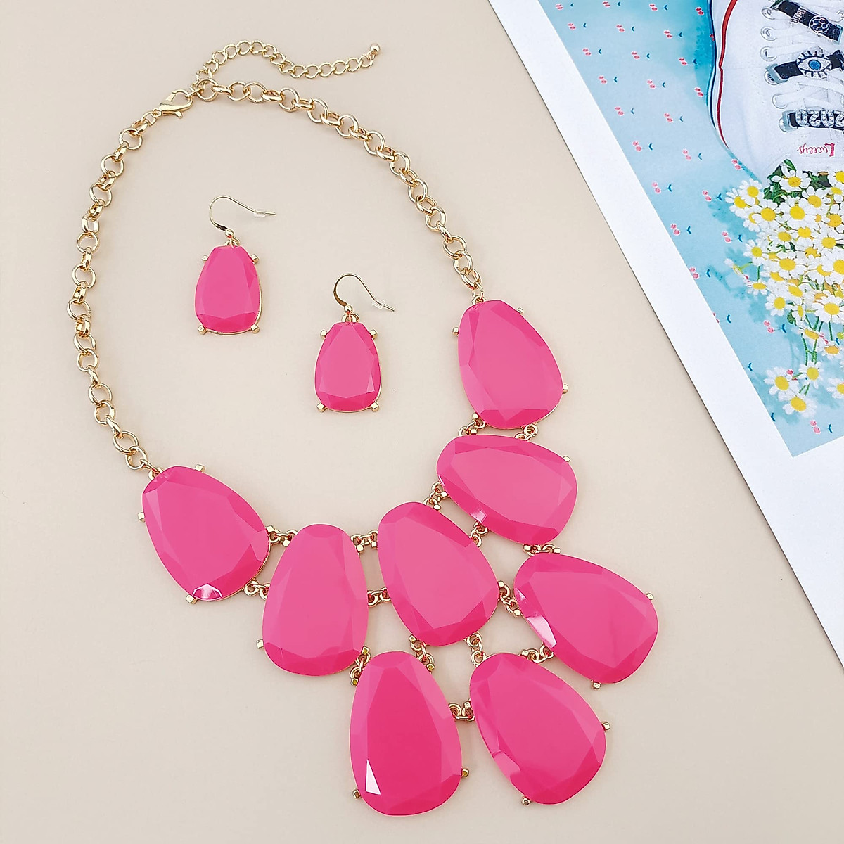 Firstmeet Statement Bubble Chunky Pendant Necklace with Earrings(XL-1123-Hot Pink)