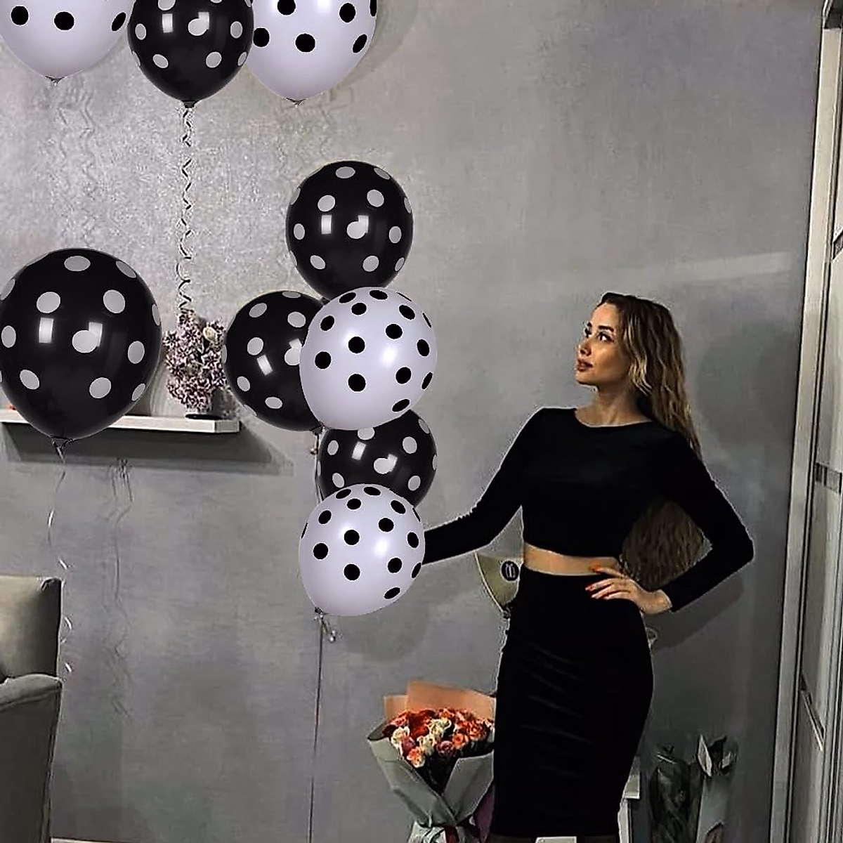 wrovitik 50 Pcs Latex Balloons, 12 Inch Black and White Polka Dot Balloons for Graduation Brithday Balloon Wedding Balloon Decoration