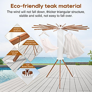 Bootuu Portable Teak Tripod Clothes Drying Rack, Foldable Space & Saving Design, Versatile Laundry Drying Rack, with 16 Waterproof Teak Wood Drying Rods, for Indoor and Outdoor Use for Halloween