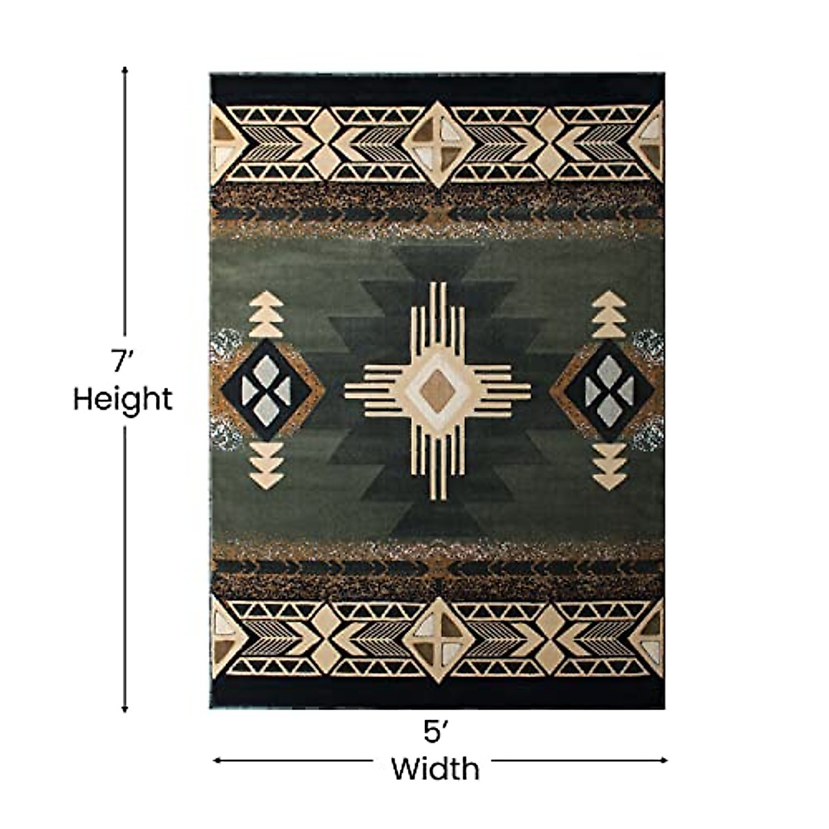 EMMA + OLIVER Santa Fe 5x7 Sage Olefin Accent Rug with Complementary Southwestern Pattern in Beige, Black and Brown and Jute Backing