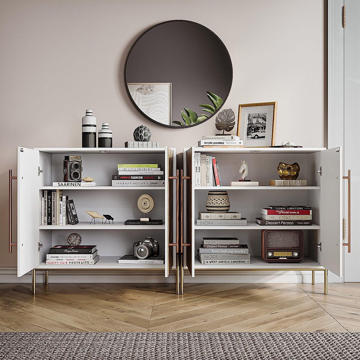 BELLEZE Set of 2 Sideboard Buffet Cabinet with Doors & Adjustable Shelves, Kitchen Storage Cabinet, Modern Accent Cabinet for Entryway, Living Room, or Bedroom, Storage Credenza - Harper (Rustic Oak)