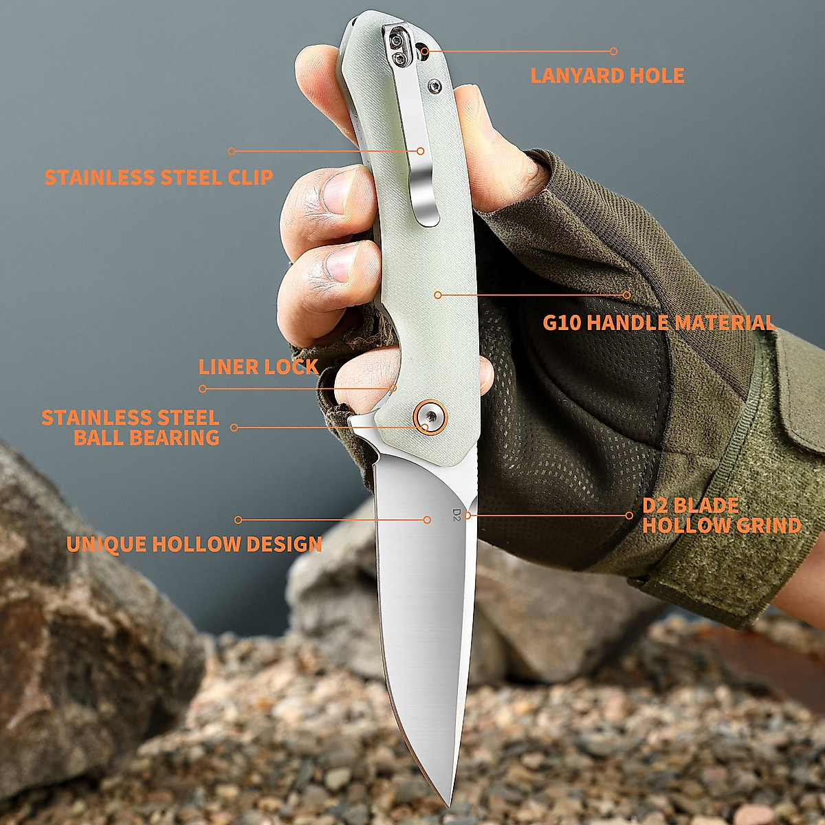 SUMACO Pocket for Men Knife D2 Steel & G10 Handle 3.54" Blade Length Pocket Knives With Clip & Folding Knives - EDC Camping Fishing Outdoor Jade