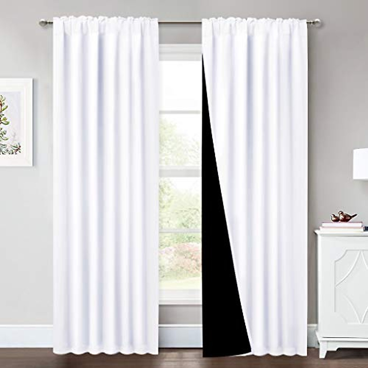 NICETOWN 100% Blackout Window Curtain Panels, Heat and Full Light Blocking Drapes with Black Liner for Nursery, 84 Inches Drop Thermal Insulated Draperies (Pure White, 2 Pieces, 52 inches Wide)