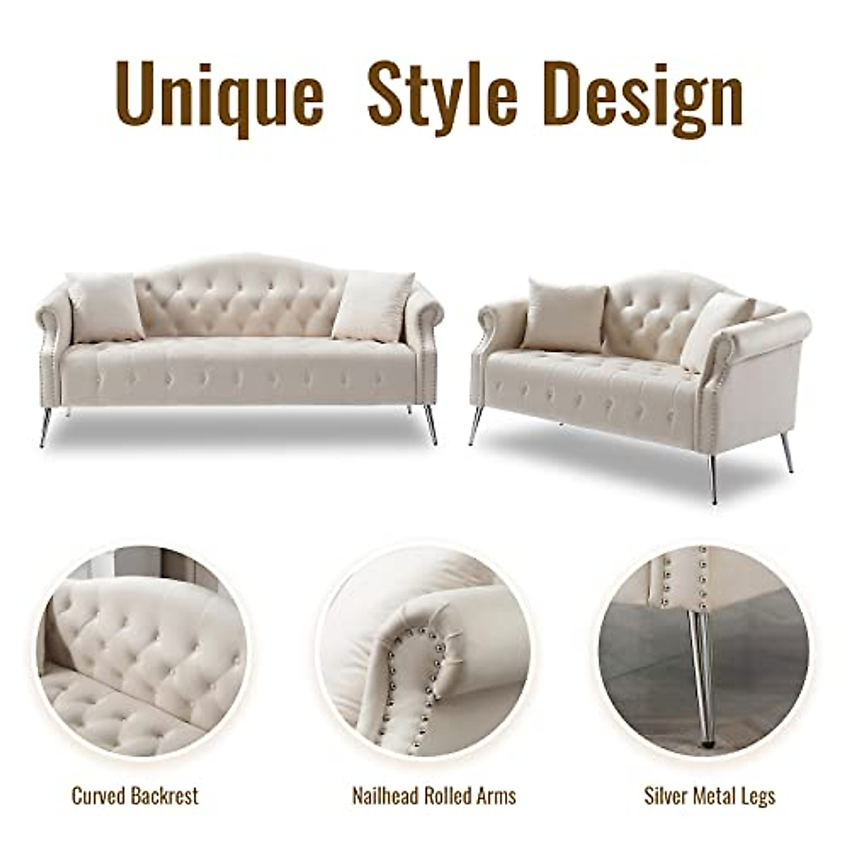 Homtique Sofa Set for Living Room 2 Piece, Modern Velvet Loveseat Sofa Set Upholstered Button Tufted Nailhead Trimming Rolled Arm and Metal Legs, Velvet Sofa Couch with 4 Pillows(Beige)