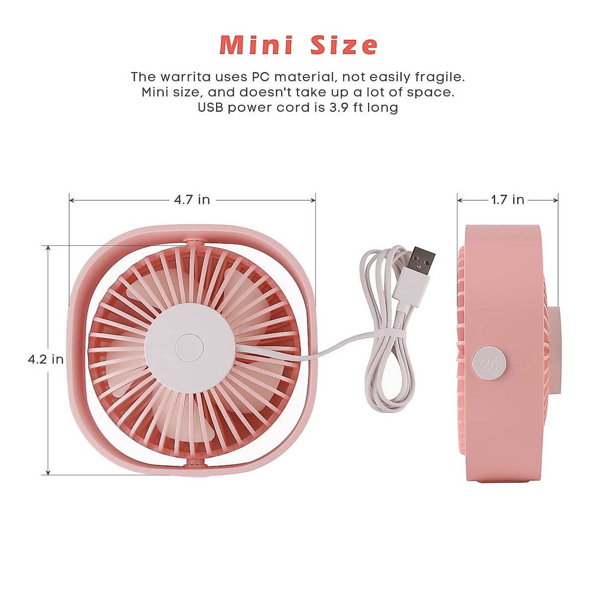 warrita USB Table Fan Portable Mini Personal Desk Fan with 360 Rotation and Adjustable 3 Speed for Office, Travel-Pink