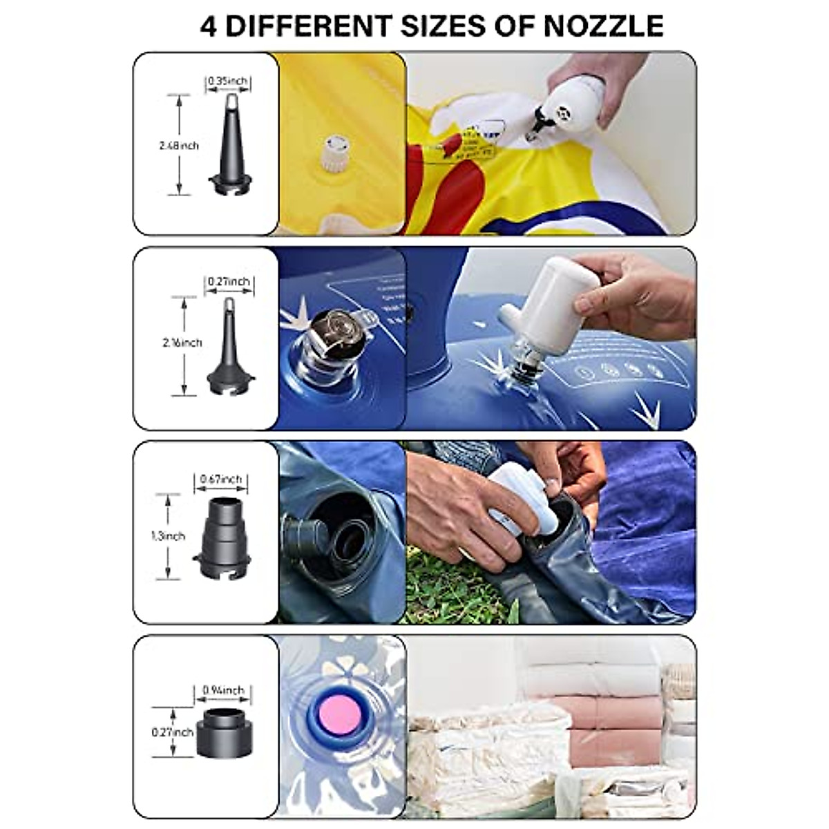 Air Mattress Pump,USB Rechargeable Portable Air Pump with 4 Nozzles for Airbed Swimming Pool Floats Inflator Deflator,Outdoor Camping, Air Bed Pool Toy Raft Boat (Whit)