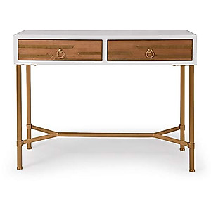 Adore Decor Jupiter Console Table with 2 Drawers, Mid Century Modern Rectangular Small Space Accent Desk for Living Room, Entryway, Home Office, Metal Legs, Easy Assembly, White and Gold
