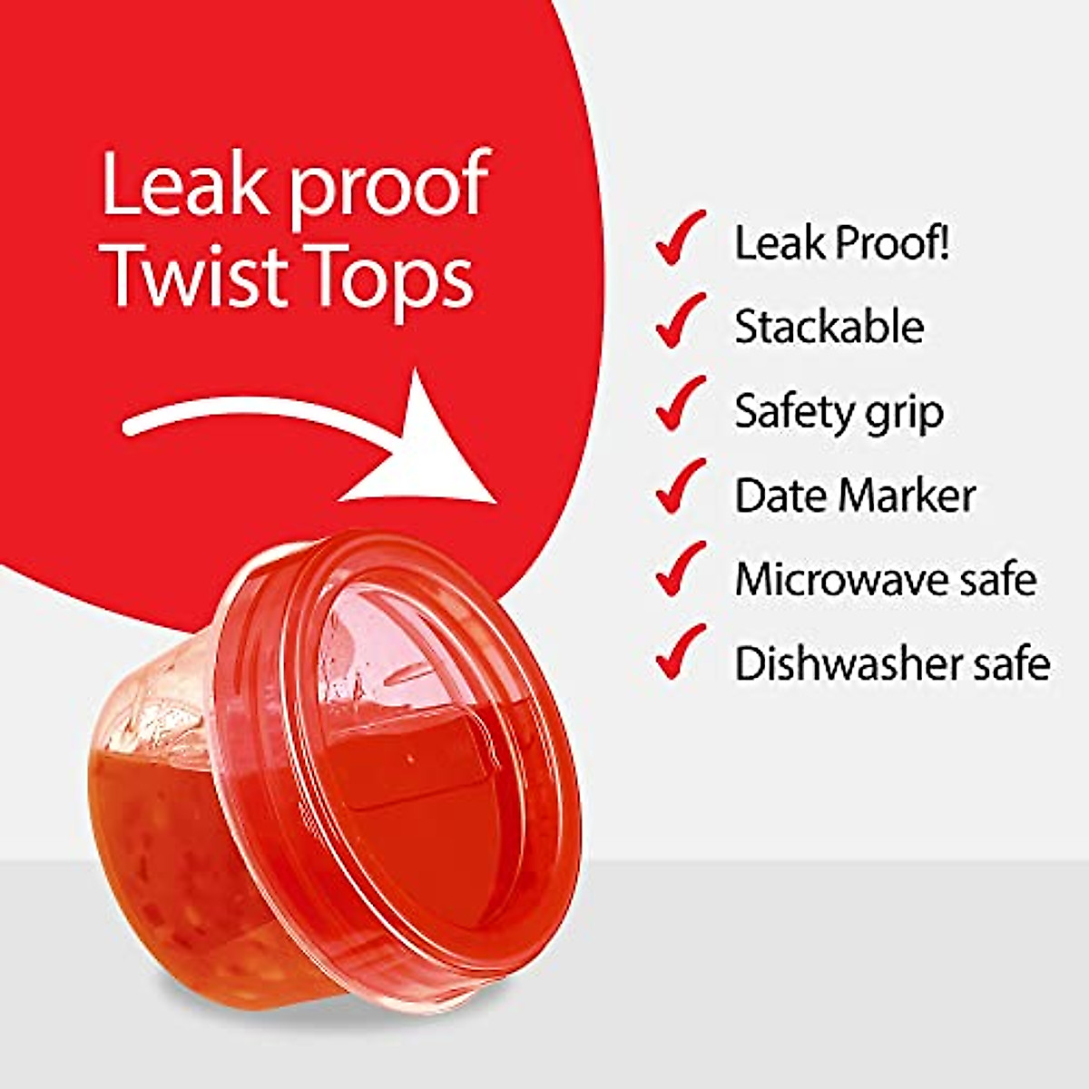 PLASTICPRO 6 Pack Twist Cap Food Storage Containers with Red Screw on Lid- 4 oz Reusable Meal Prep Containers - Small Freezer Containers Microwave Safe Red Plastic Food Storage