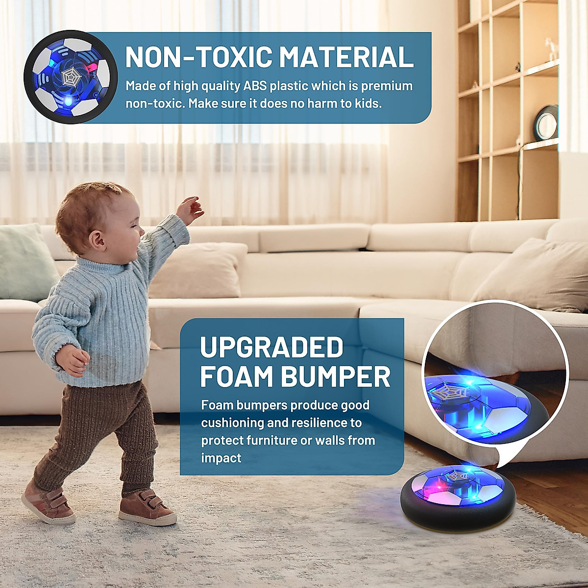 Hover Soccer Ball Boy Toys, Soccer Gifts for 3 4 5 6 7 8+ Year Old Boys Girls, Rechargeable Air Floating Soccer with LED Light and Upgraded Foam Bumper, Indoor Birthday Gifts for Kids Age 3-12