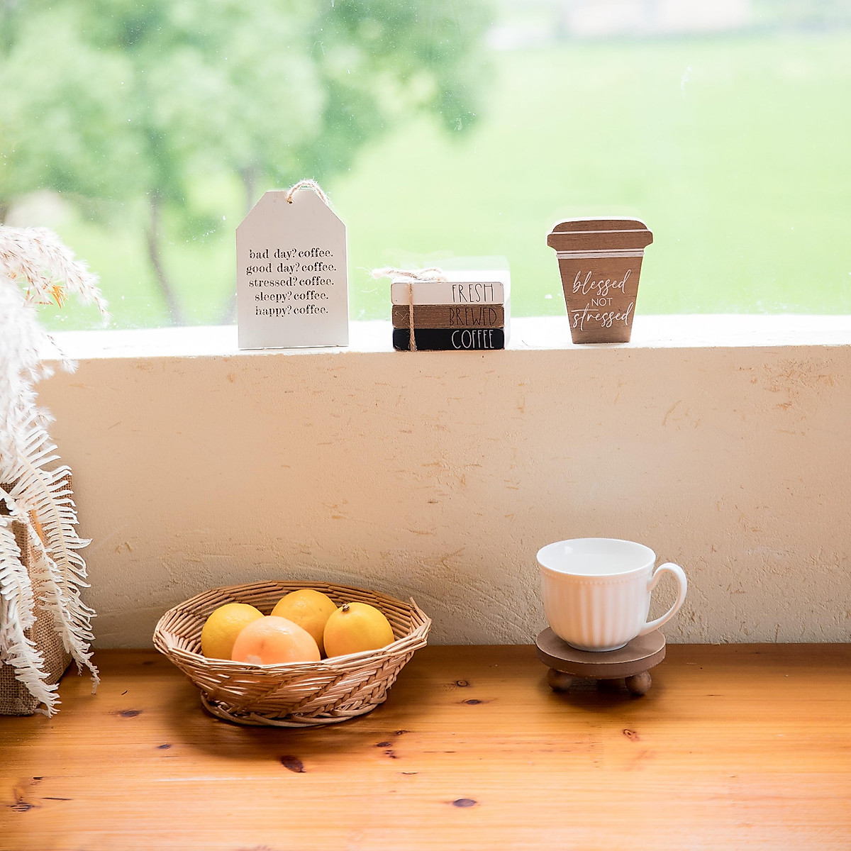 GENMOUS Farmhouse Coffee Tiered Tray Decor Set Mini Items For Coffee Bar Set Up Decor, White Tiered Tray Decorations with Wood Book Stack, Coffee Table Sign, Wood Mini Riser For Coffee Bar Accessories