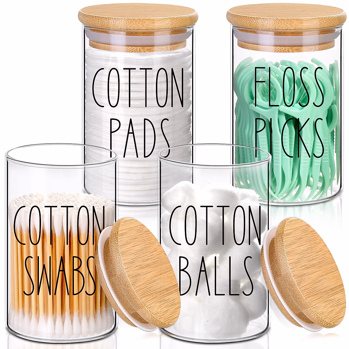 4 Pack Qtip Holder with Lid Set, 10oz Clear Glass Canister Apothecary Jars Bathroom Organizers and Storage Accessories Vanity Essential Containers for Cotton Swab, Cotton Ball, Cotton Pads, Floss Pick