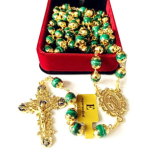 elegantmedical HANDMADE 18K Gold Plated UNDOUBTED Malachite Rosary Prayer Beads Necklace Catholic Gift & Box