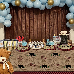 Xigejob Lumberjack Baby Shower Tablecloth Decorations - Disposable Lumberjack Baby Boy Table Cover, Buffalo Plaid Wild Bear Adventure Theme Its a Boy Supplies Table Cloth - 2 Pack (54in x 108in)