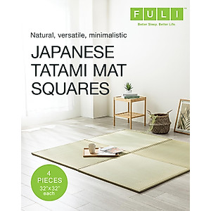 FULI Japanese Square Tatami Rug, Lightweight Igusa Mat (Japanese Rush Grass), Made in Japan (Natural, 4 Pieces)