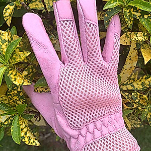 HLDD HANDLANDY Women Gardening Gloves with Grip, Leather Work Gloves Women, 3D Mesh Breathable Rose Garden Gloves (Medium, Pink)
