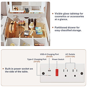 Solarka Small Vanity Desk with Mirror, Compact Vanity with Hidden Chair for Space Saving, 3 in 1 Makeup Vanity with Glass Top Power Outlet, Modern Dressing Table for Apartment Dorm