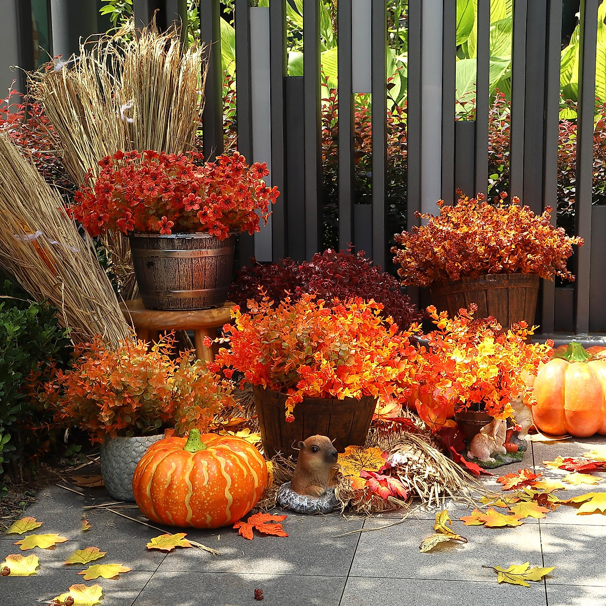 Momkids 4 Bundles Artifical Spring Flower Outdoor Fake Plant Decor UV Resistant Faux Plastic Plants Hanging Plante Halloween Flower for Home Garden Porch Thanksgiving Christmas Decorations