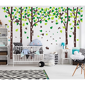 5 Large Birch Tree Wall Decals Jungle Tree Wall Stickers Forest Animal Wall Stickers Squirrel Rabbit Stickers for Kids Room Nursery Bedroom Living Room Classroom Wall Decoration (100", Brown,Green)