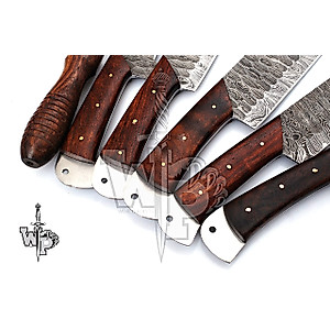 World Points 1027 Rose Wood Damascus Kitchen Knife Set Professional 6 Piece, Handmade Damascus Steel Chef Knife Set with Chopper/Cleaver And 6 Pocket Original Leather Roll Bag, WP-1027