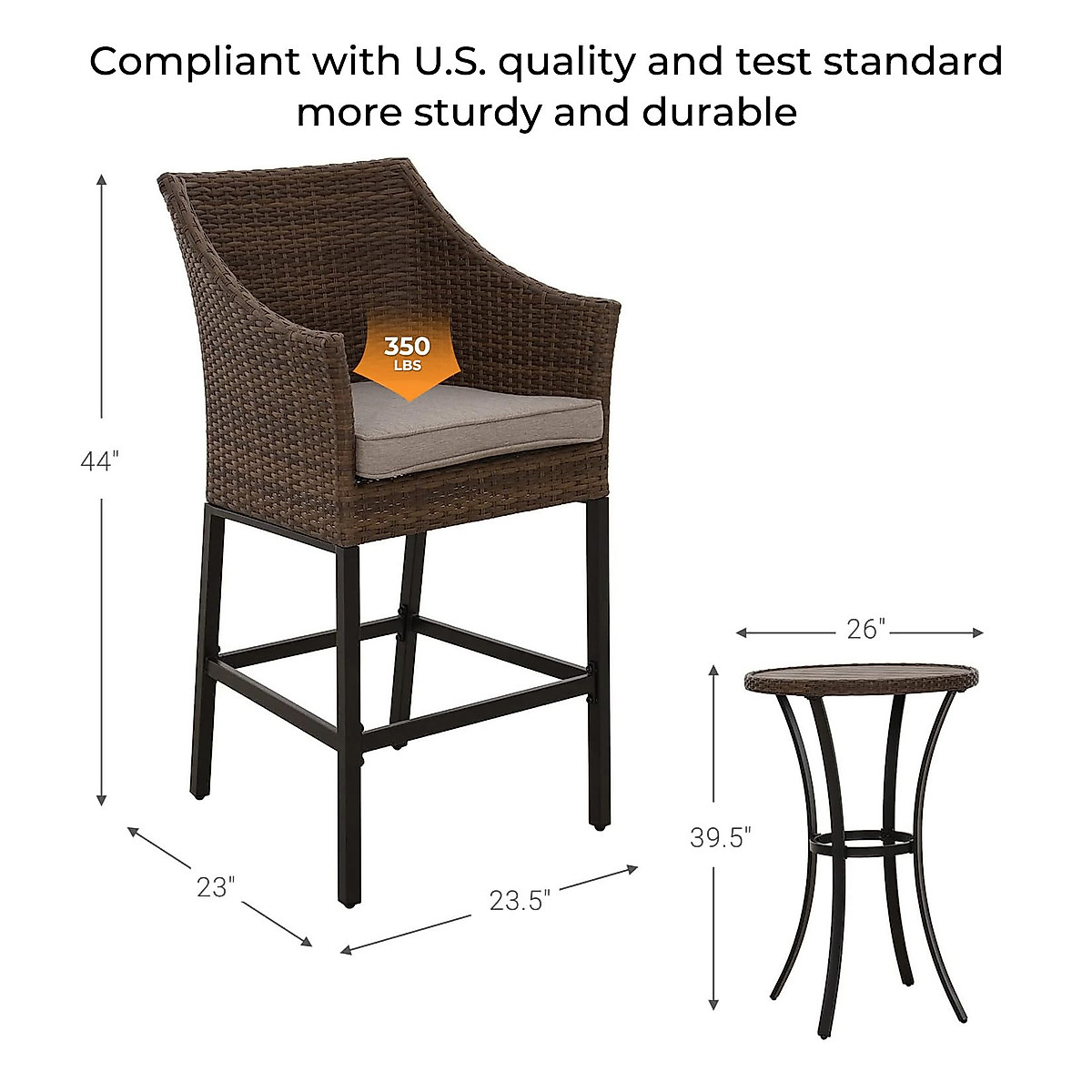 Grand patio 3-Piece Patio Bar Set, Outdoor Wicker Bar Stools Set with Olefin Cushions and Faux-Wood Table Top,Bar Table and Chairs Set for Garden,Backyard,Traditional American Style-Brown