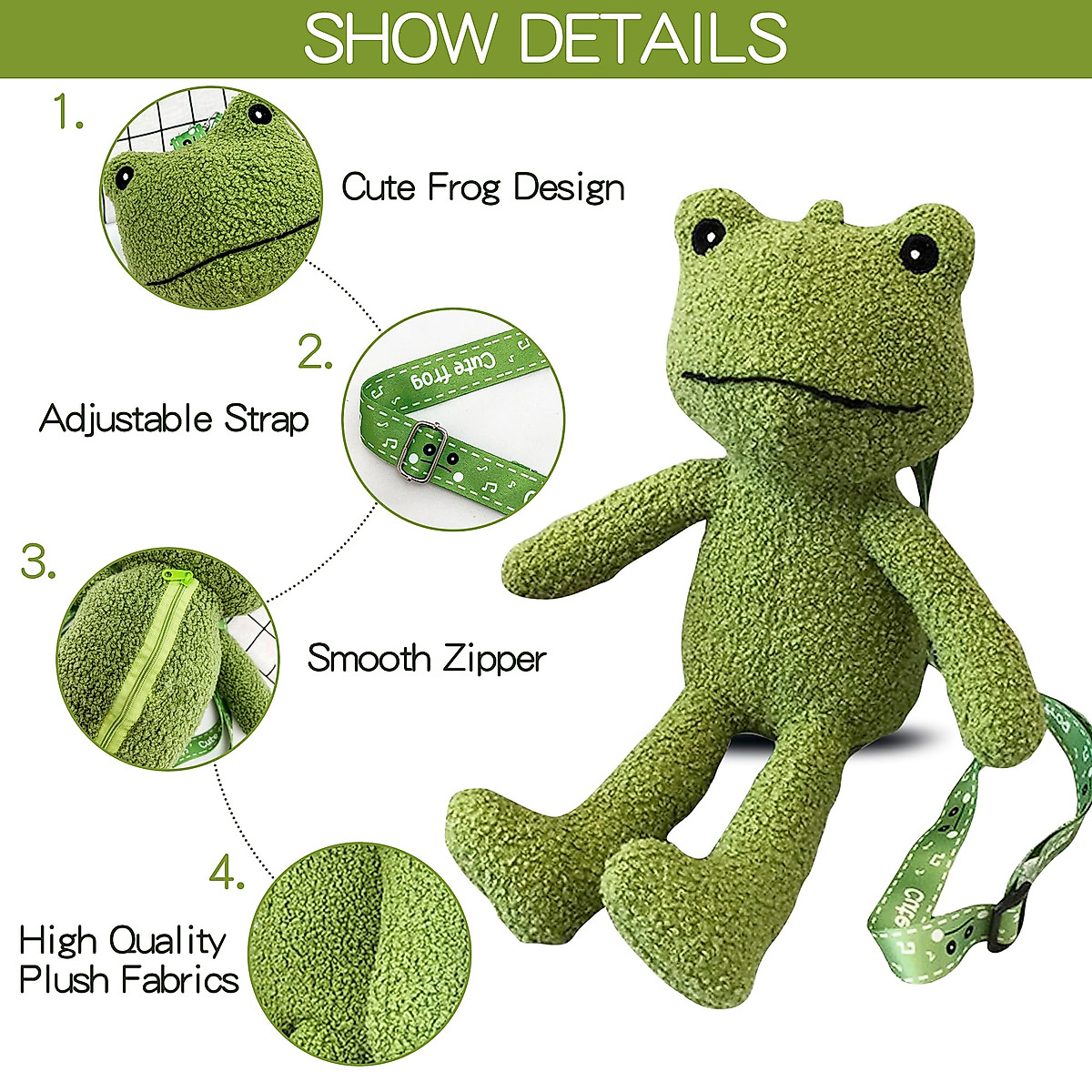 Cevly Cute Frog Plush Toy Crossbody Bag Shoulder Bags Frog Soft Stuffed Plush Toy Backpack Animal Stuffed Toys Frogs Plush Doll Cartoon Satchel Handbags Birthday Gifts (Green)