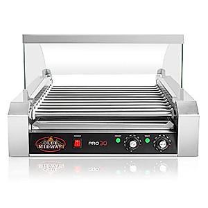 Olde Midway PRO30 Electric Grill Cooker Machine, 30 Hot Dog 11 Roller with Cover, Commercial Grade, Stainless Steel