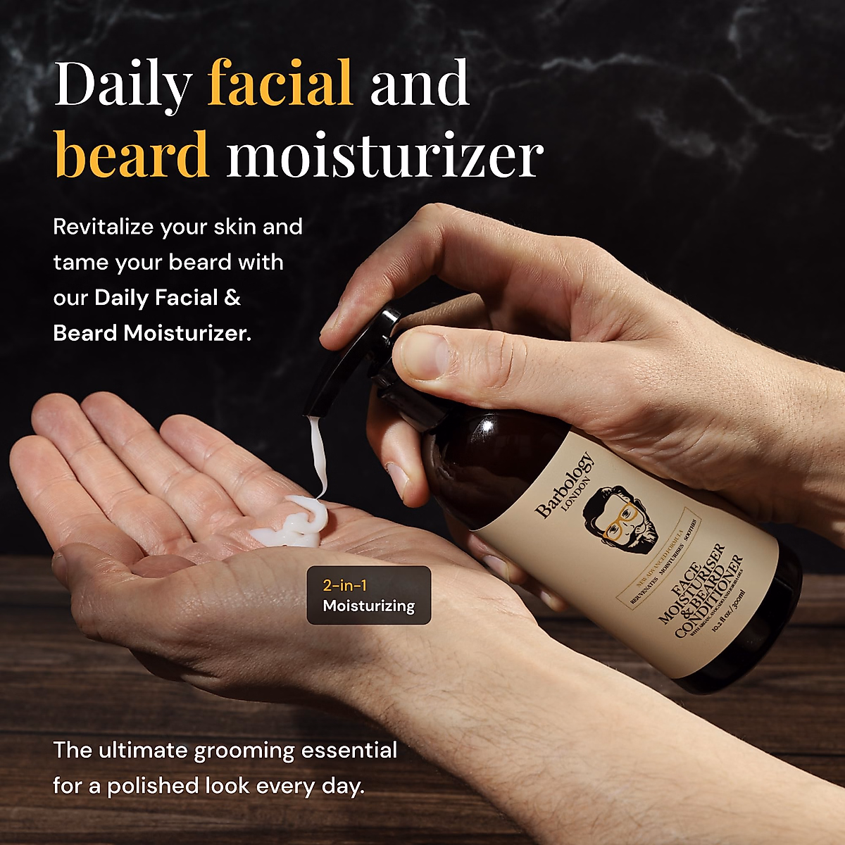 Barbology LONDON 2-in-1 Beard and Face Moisturizer with Jojoba Oil, Argan Oil, and Avocado Oil, Conditions Dry, Itchy and Coarse Facial Hair, 10oz Pump Bottle