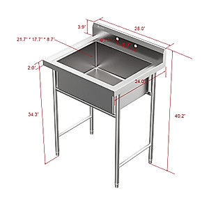 VINGLI Upgraded Free Standing 304 Stainless Steel Utility Sinks for Laundry Room with Backsplash, Industrial Garage Sink Commercial Sink for Restaurant, Workshop – 28" W x 24" D x 40.2" H