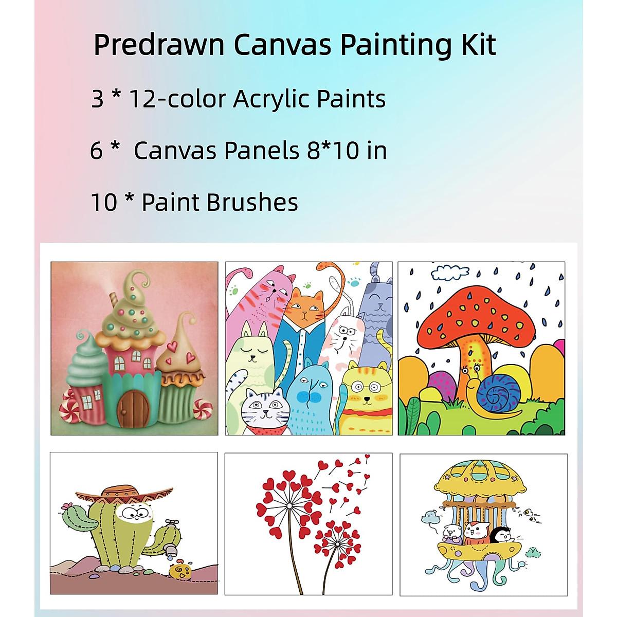 Aosemili Kids Predrawn Canvas for Painting - 6 Packs 8x10 in Painting Canvas Panels Acrylic Paint Set with 12 Paints 10 Brushes for Girls Boys and Beginners