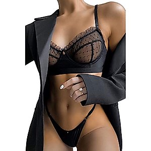 Kaei&Shi Sexy Lingerie for Women,Ruffle 2 Piece Lace Lingerie Set,Underwire Ribbed Bra and Panty Sets Valentine Petite Black Small