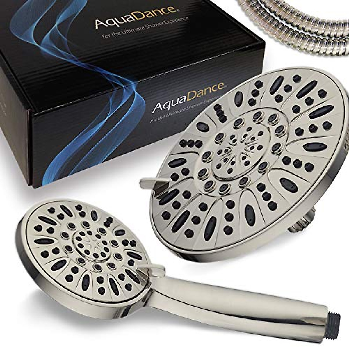 AquaDance 7" Premium High Pressure 3-Way Rainfall Combo with Stainless Steel Hose – Enjoy Luxurious 6-setting Rain Shower Head and Hand Held Shower Separately or Together – Brushed Nickel Finish